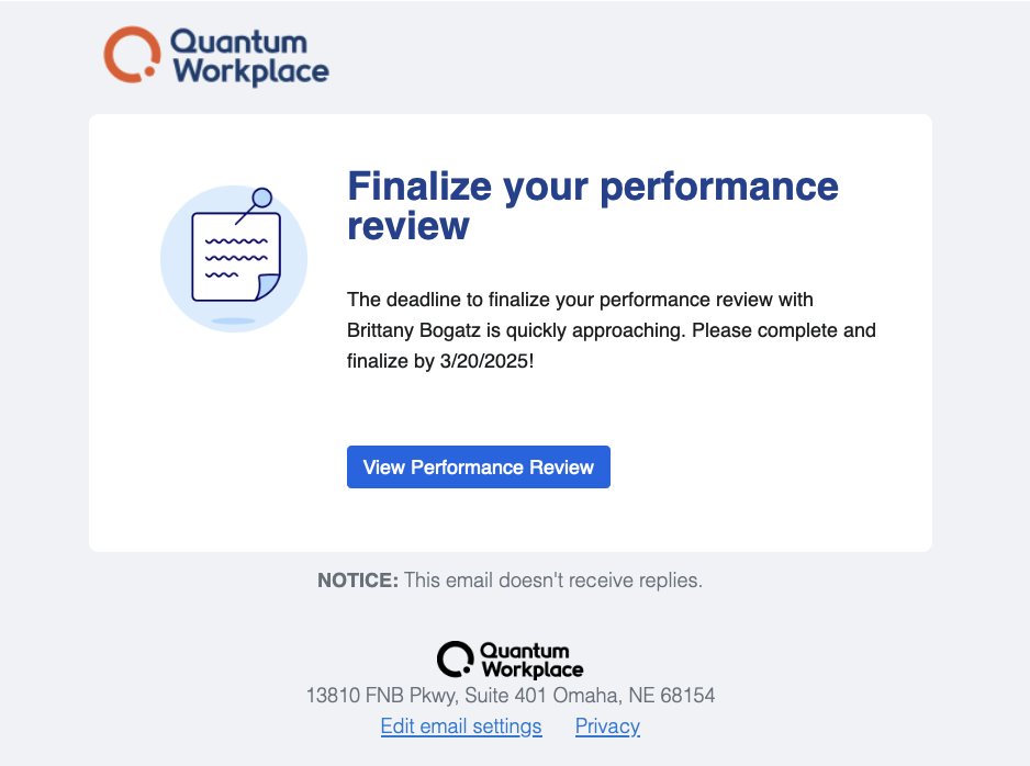 Performance Reviews: In-App and Email Notifications