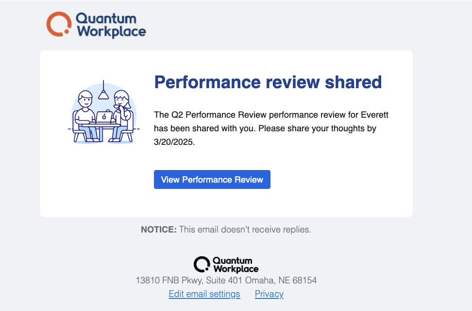 Performance Reviews: In-App and Email Notifications